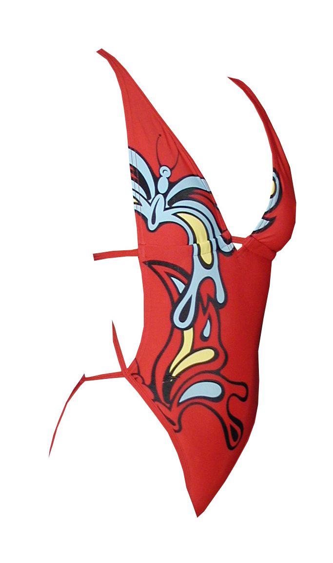 Red Speedo swimsuit with butterfly print