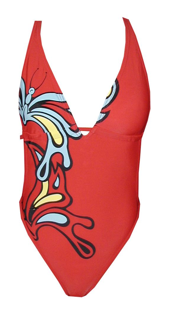 Red Speedo swimsuit with butterfly print